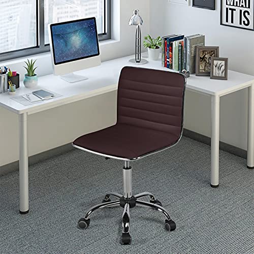 Topeakmart Armless Office Chair Task Chair Leather Ribbered Modern Desk Chair Adjustable Low-Back Swivel Chair w/Rolling Wheels Accent Comfy Working Chair Makeup Chair, Brown
