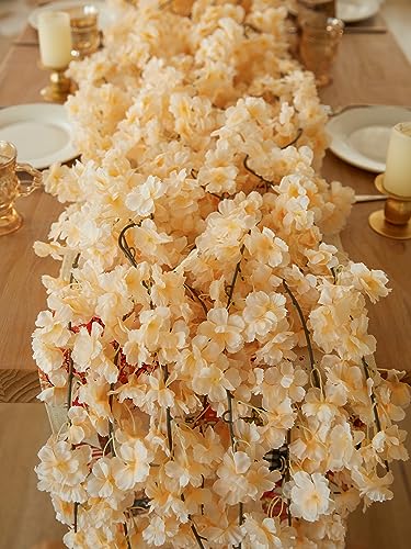 PARTY JOY 8pcs 23.6ft Artificial Cherry Blossom Flower Garland Hanging Vines for Home Decor Room Wedding Party Kawaii Decor Champagne