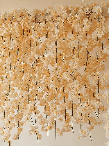 PARTY JOY 8pcs 23.6ft Artificial Cherry Blossom Flower Garland Hanging Vines for Home Decor Room Wedding Party Kawaii Decor Champagne