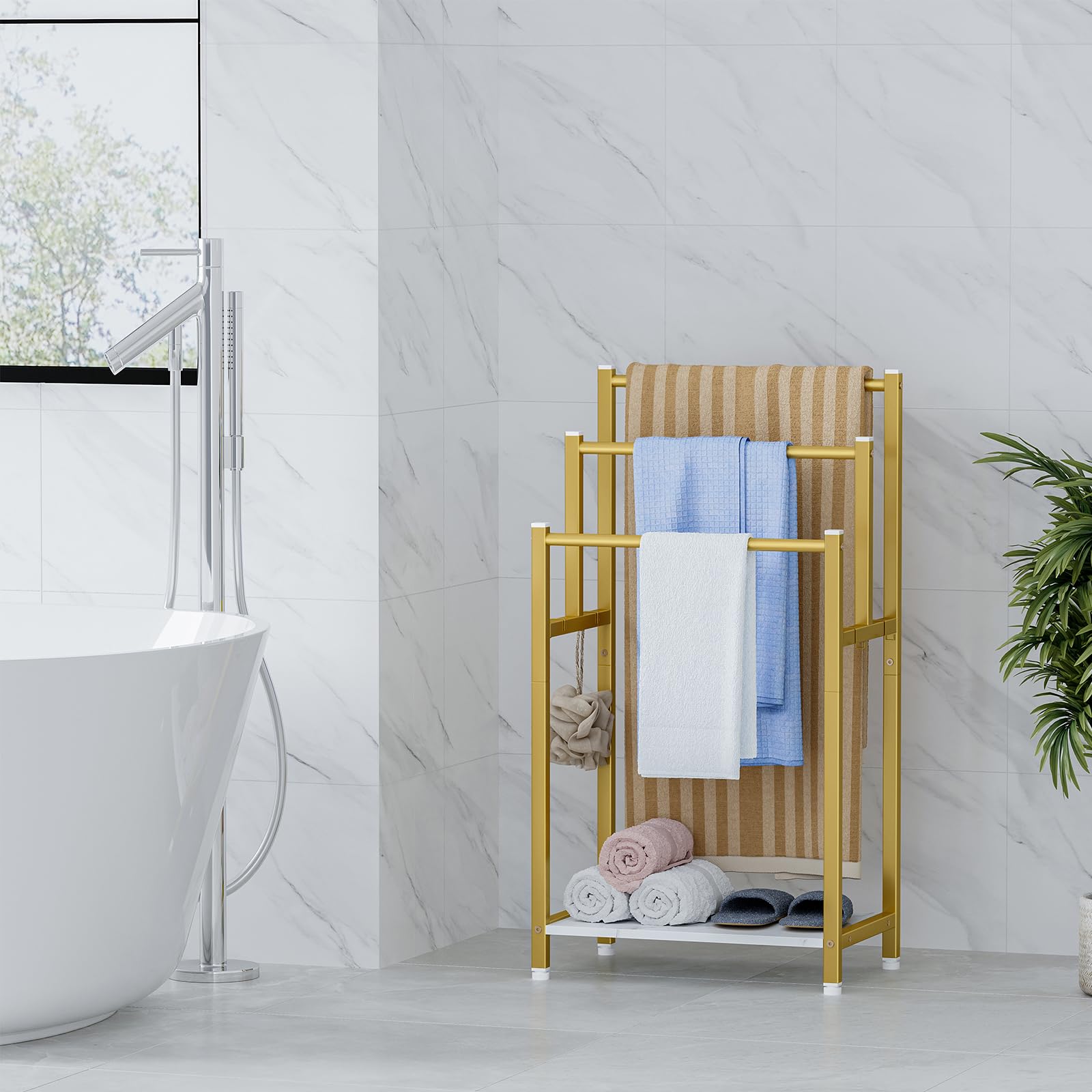 Honiter Towel Racks for Bathroom, 3 Tier Free Standing Towel Rack, Blanket Rack, Metal Towel Holder with Shelf for Bathroom Accessories Organizer for Bath Storage & Hand Towels, Next to Tub or Shower
