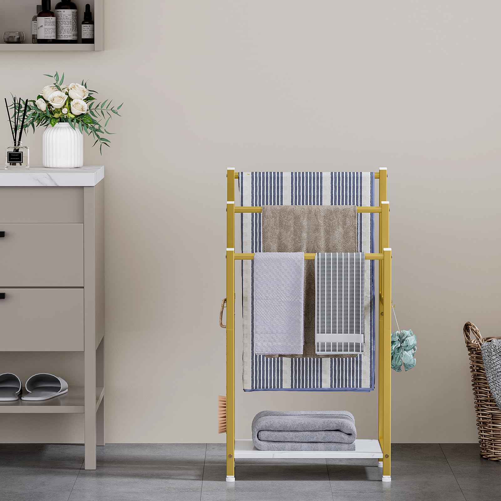 Honiter Towel Racks for Bathroom, 3 Tier Free Standing Towel Rack, Blanket Rack, Metal Towel Holder with Shelf for Bathroom Accessories Organizer for Bath Storage & Hand Towels, Next to Tub or Shower