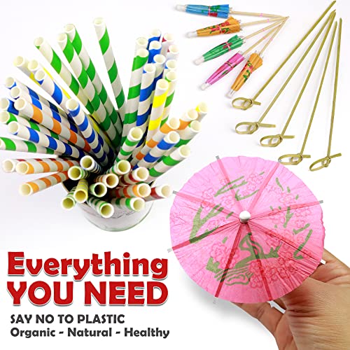 Cocktail Drink Accessories 300pcs β 100 Drink Umbrellas, 100 Bamboo Knotted Picks, 100 Paper Straws by DEMIGO, Great for Drinks & Appetizers, Hawaiian and Pool Parties