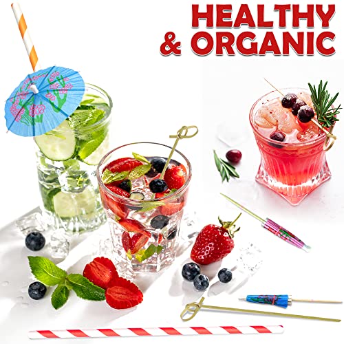 Cocktail Drink Accessories 300pcs β 100 Drink Umbrellas, 100 Bamboo Knotted Picks, 100 Paper Straws by DEMIGO, Great for Drinks & Appetizers, Hawaiian and Pool Parties