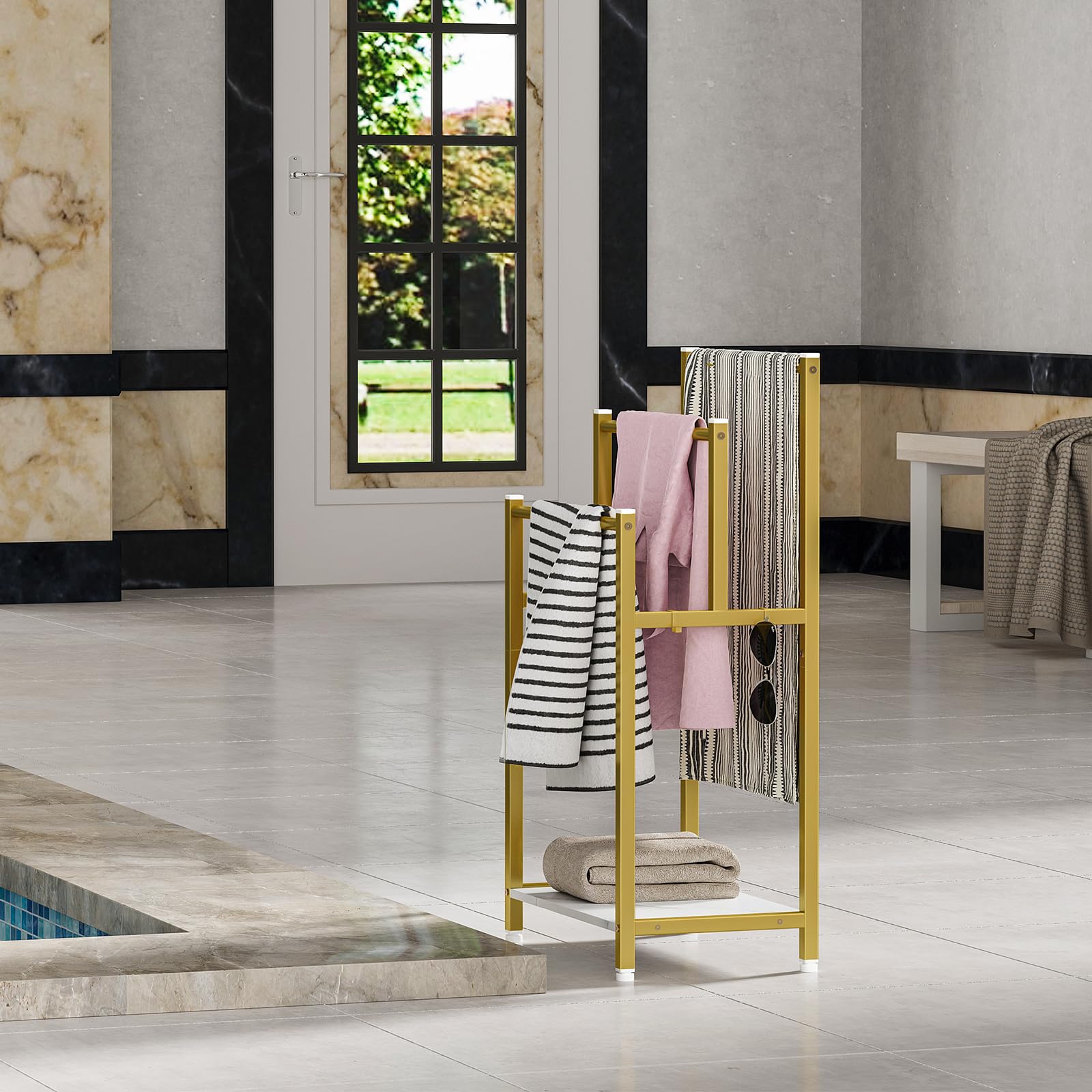 Honiter Towel Racks for Bathroom, 3 Tier Free Standing Towel Rack, Blanket Rack, Metal Towel Holder with Shelf for Bathroom Accessories Organizer for Bath Storage & Hand Towels, Next to Tub or Shower
