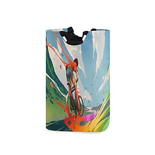 xigua Young Man Riding Bicycle With Colorful Energy Large Laundry Basket, Collapsible Clothes Hamper with Handles Tall Foldable Clothes Bag for Family Bedroom Bathroom Student Dormitory, 12.6 x 11 x 2