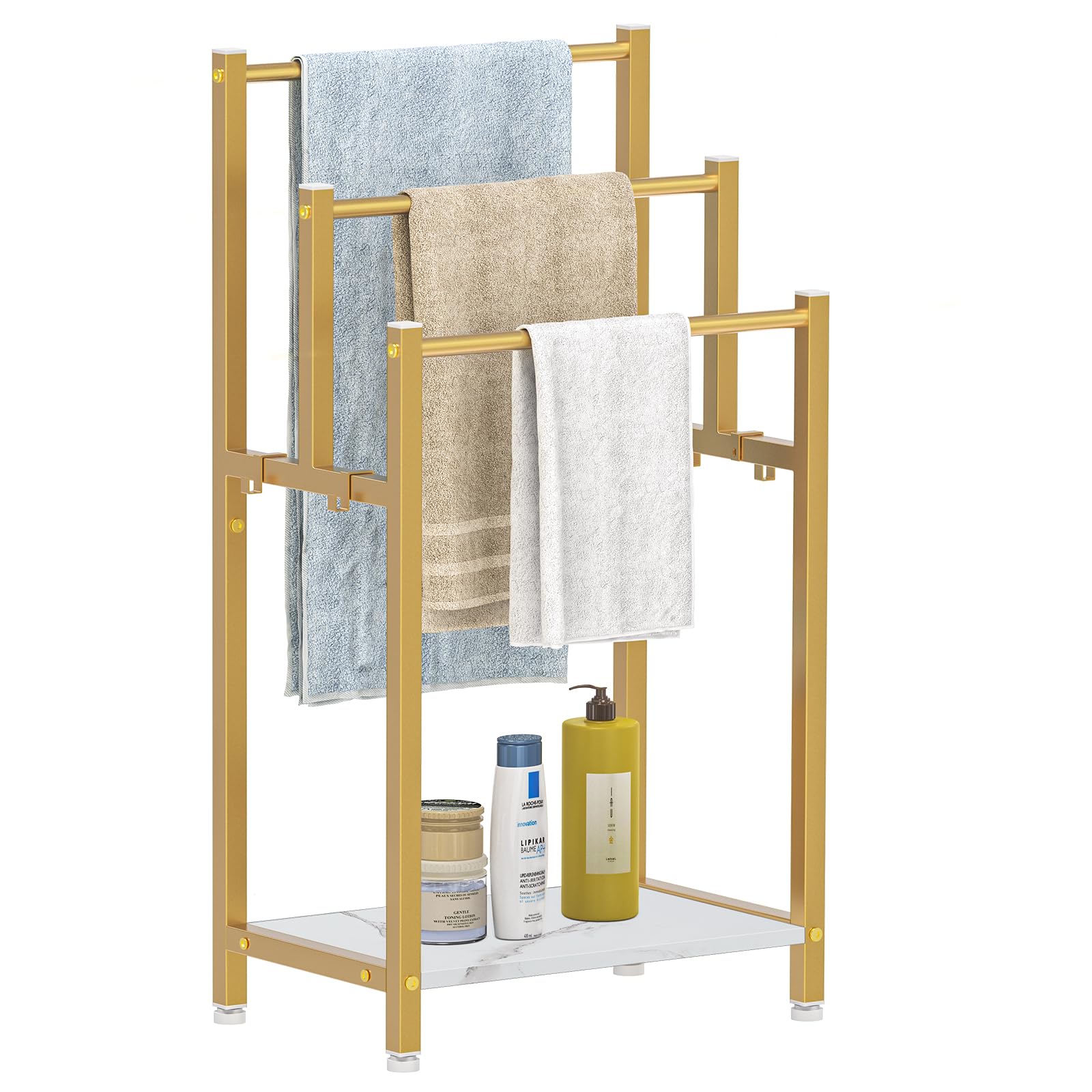 Honiter Towel Racks for Bathroom, 3 Tier Free Standing Towel Rack, Blanket Rack, Metal Towel Holder with Shelf for Bathroom Accessories Organizer for Bath Storage & Hand Towels, Next to Tub or Shower