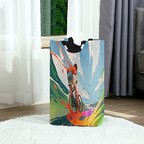 xigua Young Man Riding Bicycle With Colorful Energy Large Laundry Basket, Collapsible Clothes Hamper with Handles Tall Foldable Clothes Bag for Family Bedroom Bathroom Student Dormitory, 12.6 x 11 x 2