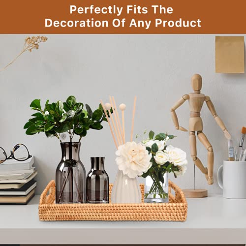Akamino Rattan Tray with Rattan Coasters - 14.6''x12.2''x2'' Hand-Woven Wicker Basket Tray with Handles for Breakfast, Rectangular Decorative Serving Organizer for Coffee Table, Drinks, Fruit