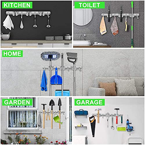 DYMSUP Mop Broom Holder Wall Mounted,3 Rack 4 Hooks Heavy Duty Mop and Broom Organizer Wall Hanging,Stainless Steel Broom Closet Garden Garage Door Tools Hanger Storage 1 Pack