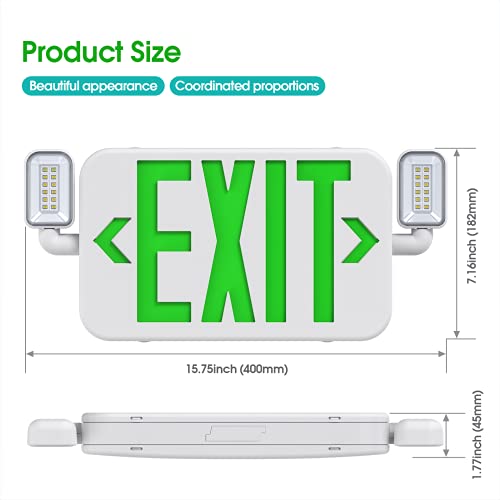 SiTiSFi Led Combo Emergency Exit Sign Light with Two Adjustable Head Lights and Backup Battery,US Standard Green Letter Commercial Emergency Exit Lighting,UL 924,120/277V (4Pack)