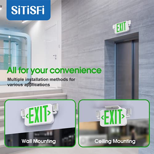 SiTiSFi Led Combo Emergency Exit Sign Light with Two Adjustable Head Lights and Backup Battery,US Standard Green Letter Commercial Emergency Exit Lighting,UL 924,120/277V (4Pack)