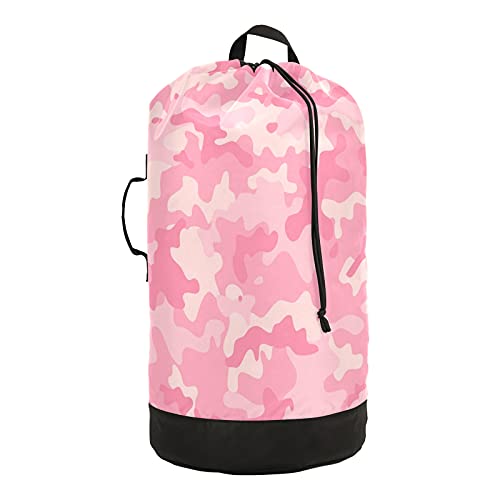 xigua Cute Pink Camo Laundry Bag Drawstring Closure Waterproof Durable Backpack Storage Basket Organization Dirty Clothes Bag Laundry Hamper with Shoulder Straps