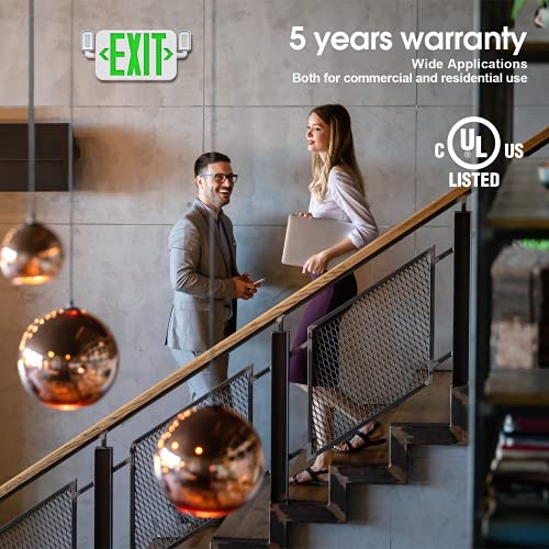 SiTiSFi Led Combo Emergency Exit Sign Light with Two Adjustable Head Lights and Backup Battery,US Standard Green Letter Commercial Emergency Exit Lighting,UL 924,120/277V (4Pack)