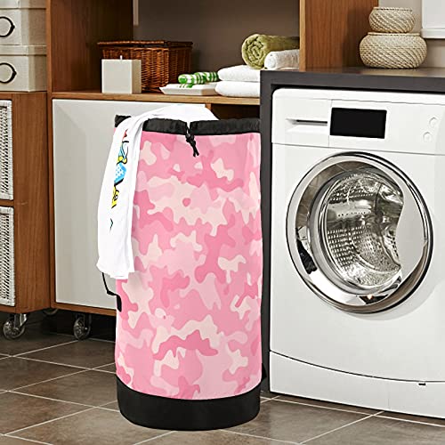 xigua Cute Pink Camo Laundry Bag Drawstring Closure Waterproof Durable Backpack Storage Basket Organization Dirty Clothes Bag Laundry Hamper with Shoulder Straps