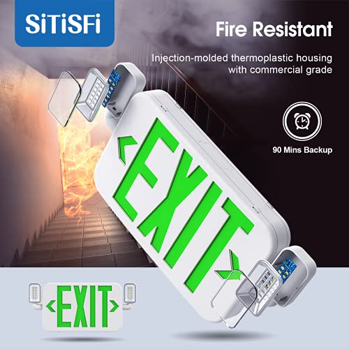 SiTiSFi Led Combo Emergency Exit Sign Light with Two Adjustable Head Lights and Backup Battery,US Standard Green Letter Commercial Emergency Exit Lighting,UL 924,120/277V (4Pack)
