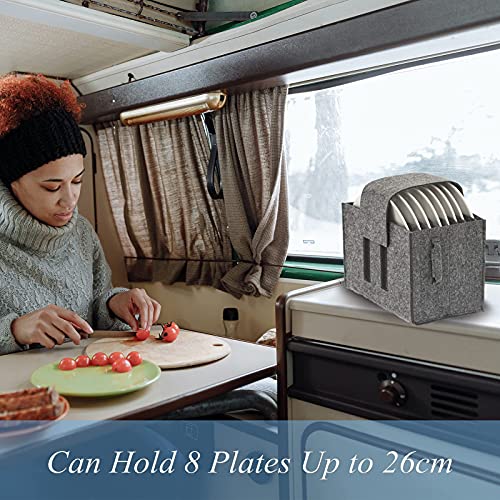 Felt Plate Storage Containers for Caravan, Camping Dish Holder Bag for 8 Plates, Camping Tableware Storage Felt Bag, Motorhome Cupboard Storage Kitchen Accessories, Reduce Noise