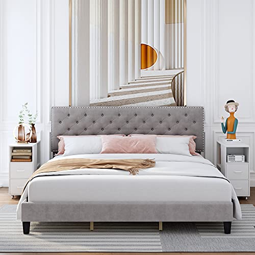 URKNO King Bed Frame, Upholstered Platform Bed Frame with Adjustable Headboard, Button Tufted Mattress Foundation with Sturdy Wood Slat Support, No Box Spring Required, Easy Assembly (Grey, King)