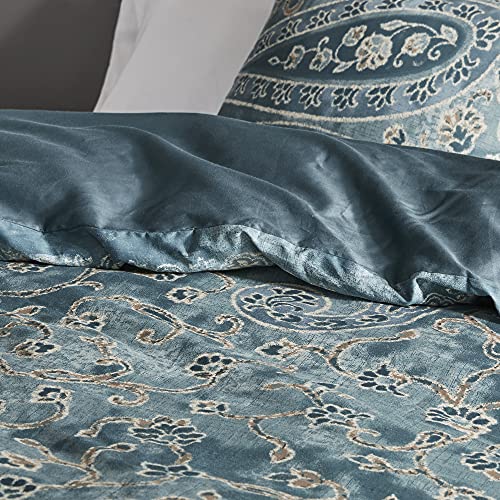 Madison Park Belcourt Sateen Cotton Comforter Set, Breathable, Soft Cover, Trendy, All Season Down Alternative Cozy Bedding with Matching Shams, King/ Cal King, Blue 3 Piece