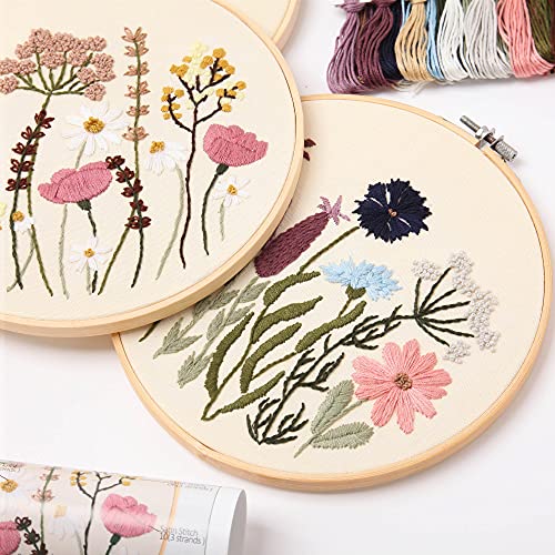REEWISLY Embroidery Kit for Beginners 4 Sets, Hand DIY Cross Stitch Kits,4 pcs Embroidery Hoop,4 pcs Plants Flowers Embroidery Patterns and Threads,Easy for The Embroidery Beginners to Learnā¦