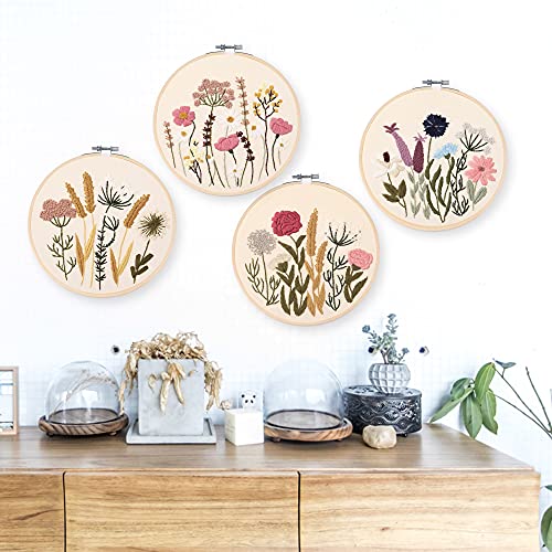 REEWISLY Embroidery Kit for Beginners 4 Sets, Hand DIY Cross Stitch Kits,4 pcs Embroidery Hoop,4 pcs Plants Flowers Embroidery Patterns and Threads,Easy for The Embroidery Beginners to Learnā¦
