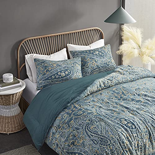 Madison Park Belcourt Sateen Cotton Comforter Set, Breathable, Soft Cover, Trendy, All Season Down Alternative Cozy Bedding with Matching Shams, King/ Cal King, Blue 3 Piece