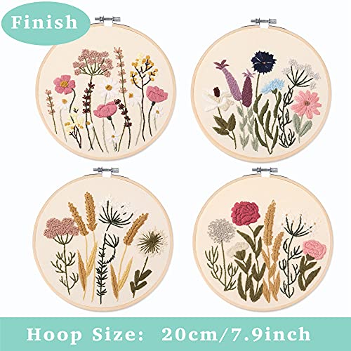 REEWISLY Embroidery Kit for Beginners 4 Sets, Hand DIY Cross Stitch Kits,4 pcs Embroidery Hoop,4 pcs Plants Flowers Embroidery Patterns and Threads,Easy for The Embroidery Beginners to Learnā¦