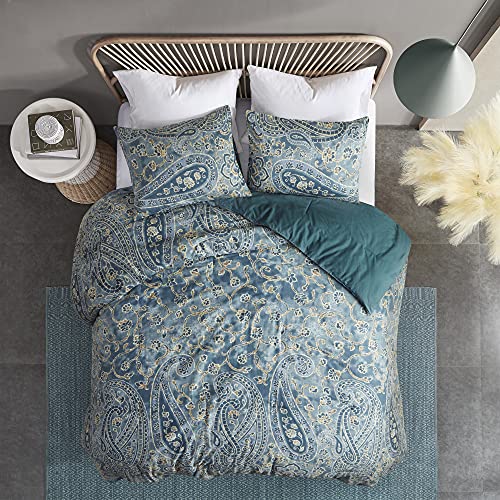Madison Park Belcourt Sateen Cotton Comforter Set, Breathable, Soft Cover, Trendy, All Season Down Alternative Cozy Bedding with Matching Shams, King/ Cal King, Blue 3 Piece