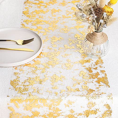 WELTRXE Gold Table Runner, Glitter Metallic Gold Thin Mesh Table Runner Roll 11 Inch x 16 Feet, Event Party Supplies Fabric Table Decorations for Wedding, Bridal Shower, Baby Shower, Birthday Party