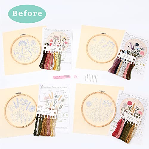 REEWISLY Embroidery Kit for Beginners 4 Sets, Hand DIY Cross Stitch Kits,4 pcs Embroidery Hoop,4 pcs Plants Flowers Embroidery Patterns and Threads,Easy for The Embroidery Beginners to Learnā¦