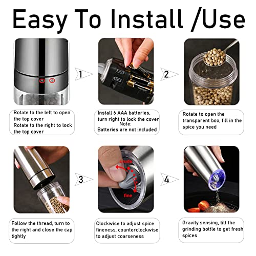 Gravity Electric Salt and Pepper Grinder, SAINSWIN Automatic Pepper Mill Grinder Battery-Operated,Silver Adjustable Coarseness Sea Salt Grinder, LED Light, Utility Brush,One Hand Operated