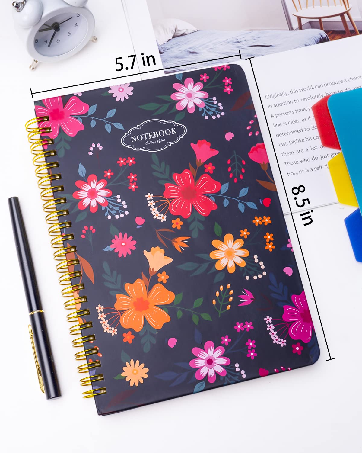 Spiral Notebooks 5 Subject 5-Pack College Ruled Hardcover with Removable Dividers 160 Pages/80 Sheets Each, A5(8.5 "x 5.7") Cute Blooming Floral, for Students Office Business Diary Book