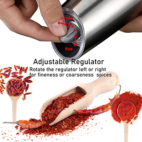 Gravity Electric Salt and Pepper Grinder, SAINSWIN Automatic Pepper Mill Grinder Battery-Operated,Silver Adjustable Coarseness Sea Salt Grinder, LED Light, Utility Brush,One Hand Operated