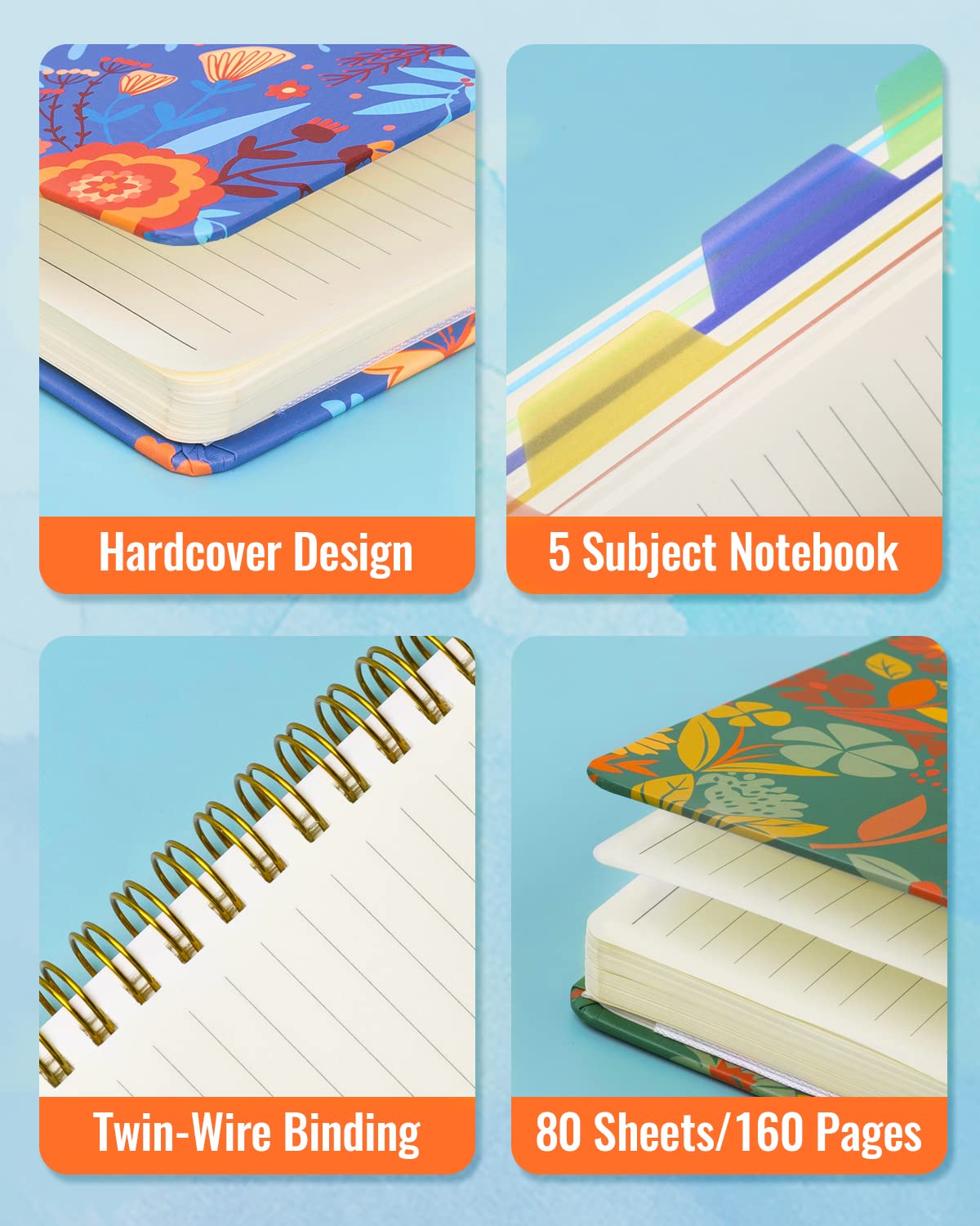 Spiral Notebooks 5 Subject 5-Pack College Ruled Hardcover with Removable Dividers 160 Pages/80 Sheets Each, A5(8.5 "x 5.7") Cute Blooming Floral, for Students Office Business Diary Book