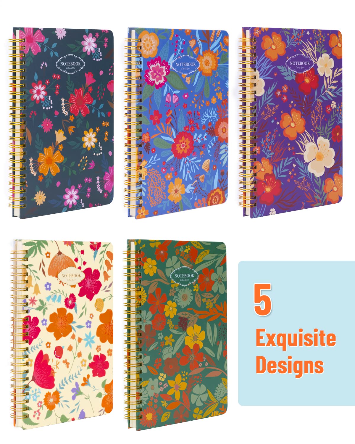 Spiral Notebooks 5 Subject 5-Pack College Ruled Hardcover with Removable Dividers 160 Pages/80 Sheets Each, A5(8.5 "x 5.7") Cute Blooming Floral, for Students Office Business Diary Book
