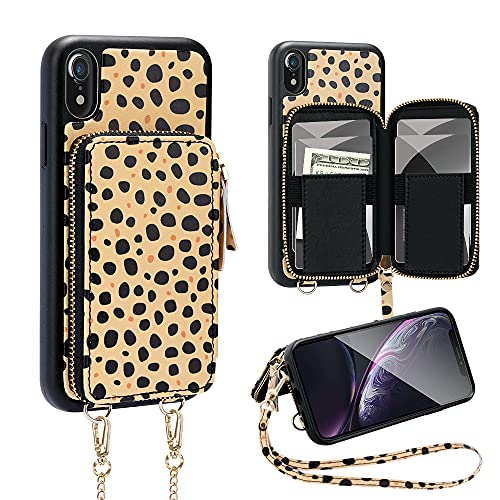 iPhone XR Crossbody Case, iPhone XR Wallet Case, ZVEdeng Zipper Wallet Card Holder Case Crossbody Chain Wrist Strap for Women Leather Purse Shockproof Case for iPhone XR 6.1'' Cheetah Print Skin