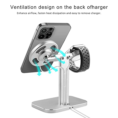 Adjustable Stand for MagSafe Charger/Apple Watch, Aluminum Phone Holder for iPhone 14 Plus 13 12 Pro/Pro Max/Mini and Apple Watch Series SE Ultra (Charger Not Included) (Silver)