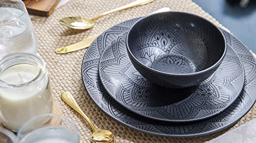 bzyoo BPA-Free Dishwasher Safe 100% Melamine Plastic Plate & Bowl Set Casual dining Indoor and Outdoor Dining Party Environmental Friendly (12 PCS set, Service for 4, La la Mandala -black)