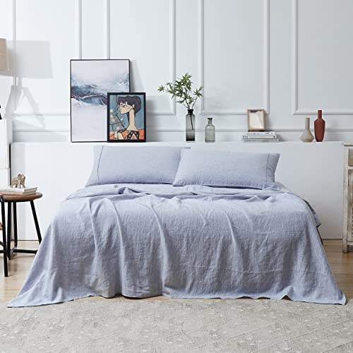Berklan Linen Sheets King 100% French Natural Linen with Stone Washed 16 Inch Deep Pocket Organic Linen Sheets 200GSM Ultra Breathable(1 Flat 1 Fitted Sheet and 2 Pillowcases Blue King)
