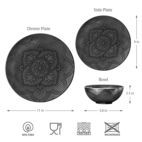 bzyoo BPA-Free Dishwasher Safe 100% Melamine Plastic Plate & Bowl Set Casual dining Indoor and Outdoor Dining Party Environmental Friendly (12 PCS set, Service for 4, La la Mandala -black)