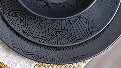 bzyoo BPA-Free Dishwasher Safe 100% Melamine Plastic Plate & Bowl Set Casual dining Indoor and Outdoor Dining Party Environmental Friendly (12 PCS set, Service for 4, La la Mandala -black)
