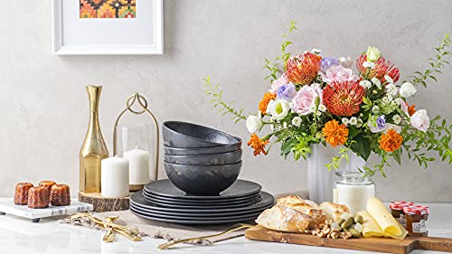 bzyoo BPA-Free Dishwasher Safe 100% Melamine Plastic Plate & Bowl Set Casual dining Indoor and Outdoor Dining Party Environmental Friendly (12 PCS set, Service for 4, La la Mandala -black)