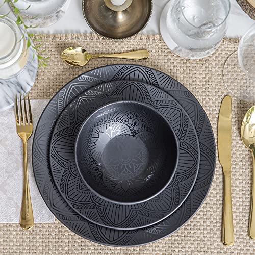 bzyoo BPA-Free Dishwasher Safe 100% Melamine Plastic Plate & Bowl Set Casual dining Indoor and Outdoor Dining Party Environmental Friendly (12 PCS set, Service for 4, La la Mandala -black)
