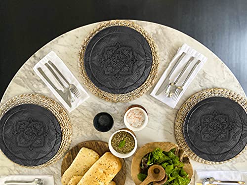 bzyoo BPA-Free Dishwasher Safe 100% Melamine Plastic Plate & Bowl Set Casual dining Indoor and Outdoor Dining Party Environmental Friendly (12 PCS set, Service for 4, La la Mandala -black)
