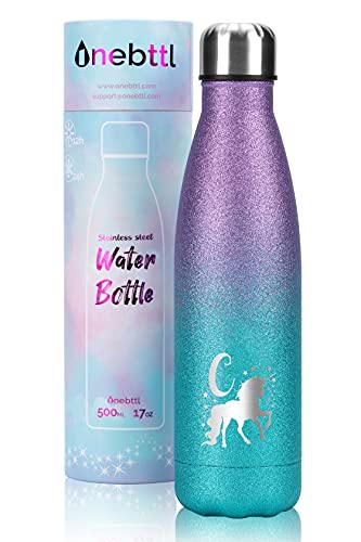 Unicorn Stainless Steel Water Bottle, Unicorn Gifts, Unicorn Party Supplies, Double Wall Vacuum Insulated Thermo Bottle Glitter Purple 17oz/500ml - Initial C