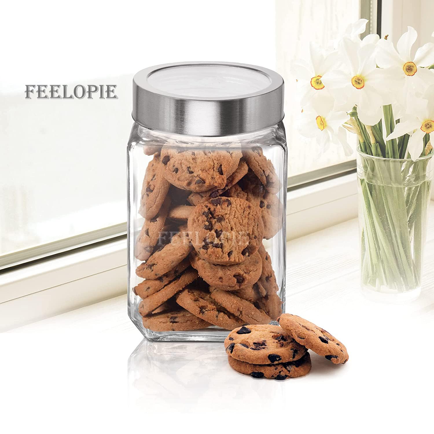 Feelopie Piramal Cube Storage Glass Jar With Airtight See Through Steel Lid|BPAFree|Kitchen Organiser|Modular|Multipurpose Jar |Coffee Bean,Dry Goods,Cookie,Candy,Tea,Spices[800ml,set of 4]