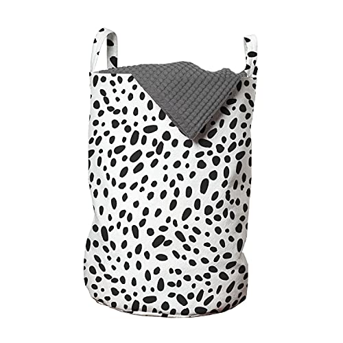 Lunarable Dalmatian Laundry Bag, Domestic Animal Dog Skin Print Dots Spots Pointy Forms Asymmetric Repetitive, Hamper Basket with Handles Drawstring Closure for Laundromats, 13" x 19", Dark Grey White