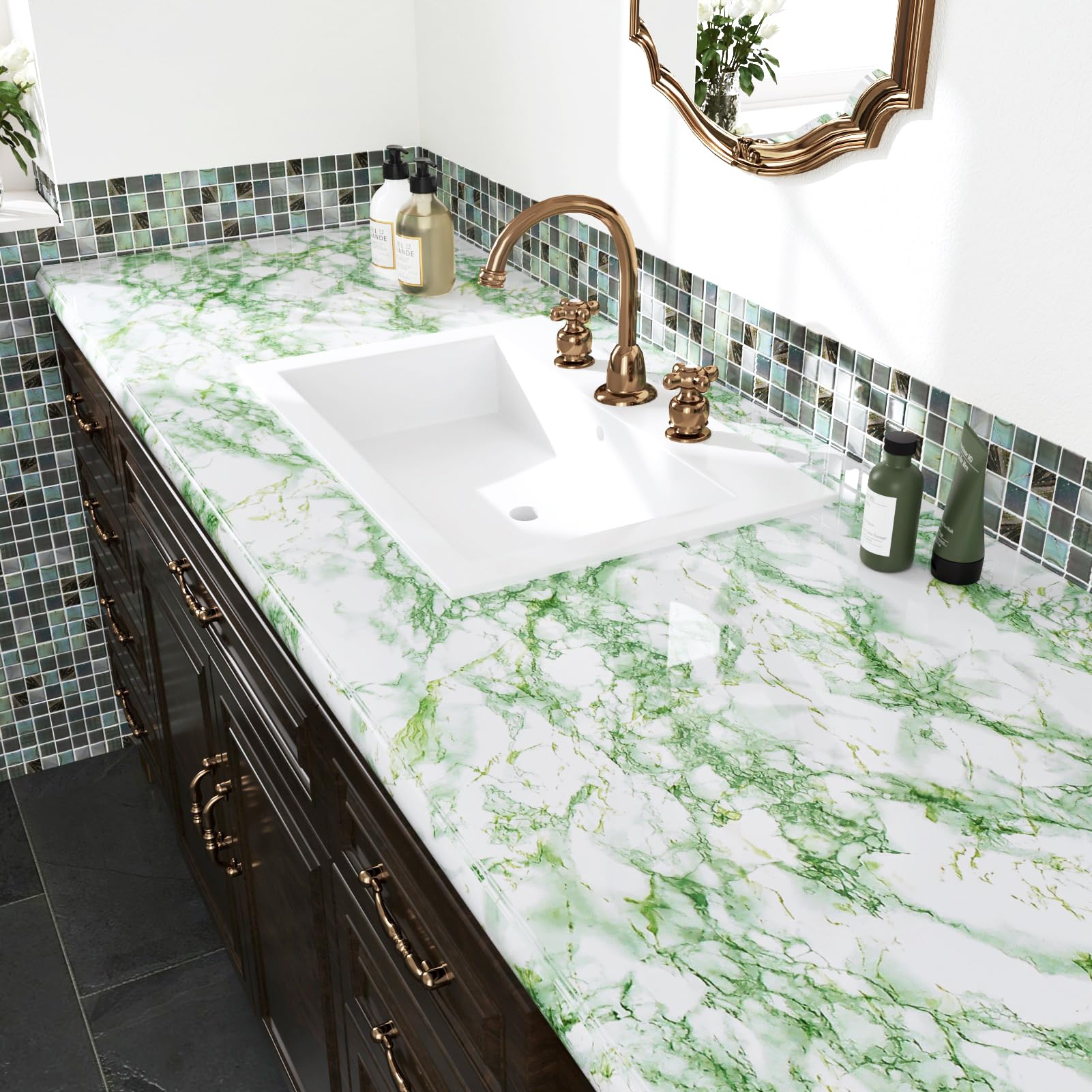Green Marble Contact Paper for Countertops Vinyl Waterproof Kitchen Wall Paper for Cabinets Cyan Peel and Stick Wallpaper Decorative Peel and Stick Countertops Contact Paper for Table Desk 24''x118''