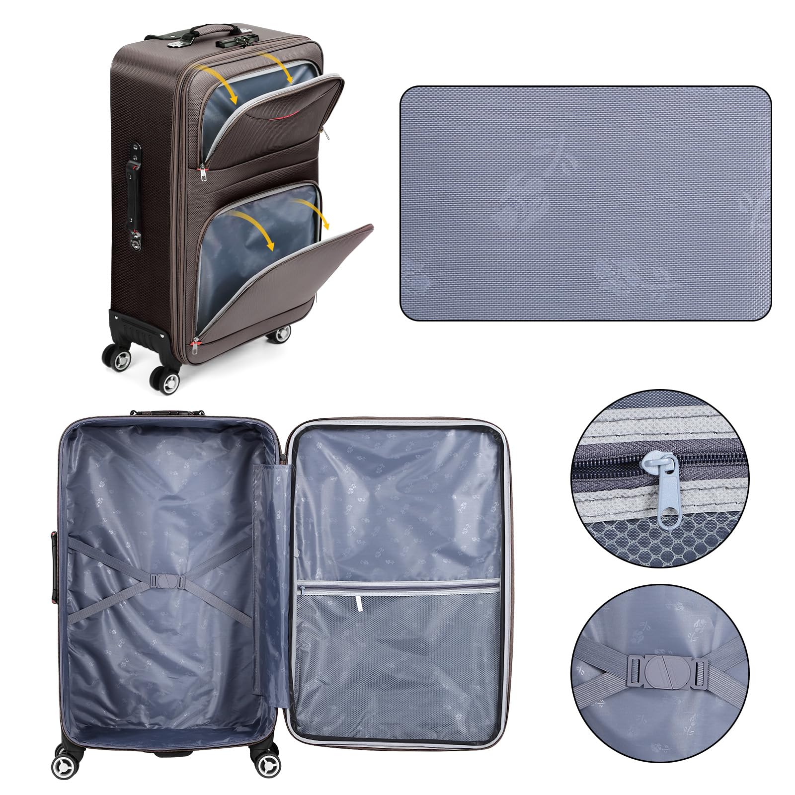 PINPON Luggage Sets 3 Piece, Softside Lightweight Expandable Luggage Sets with TSA Lock, Carry On Luggage with Spinner Wheels for Women Men, Travel Suitcase Lightweight (20/24 / 28, Brown)
