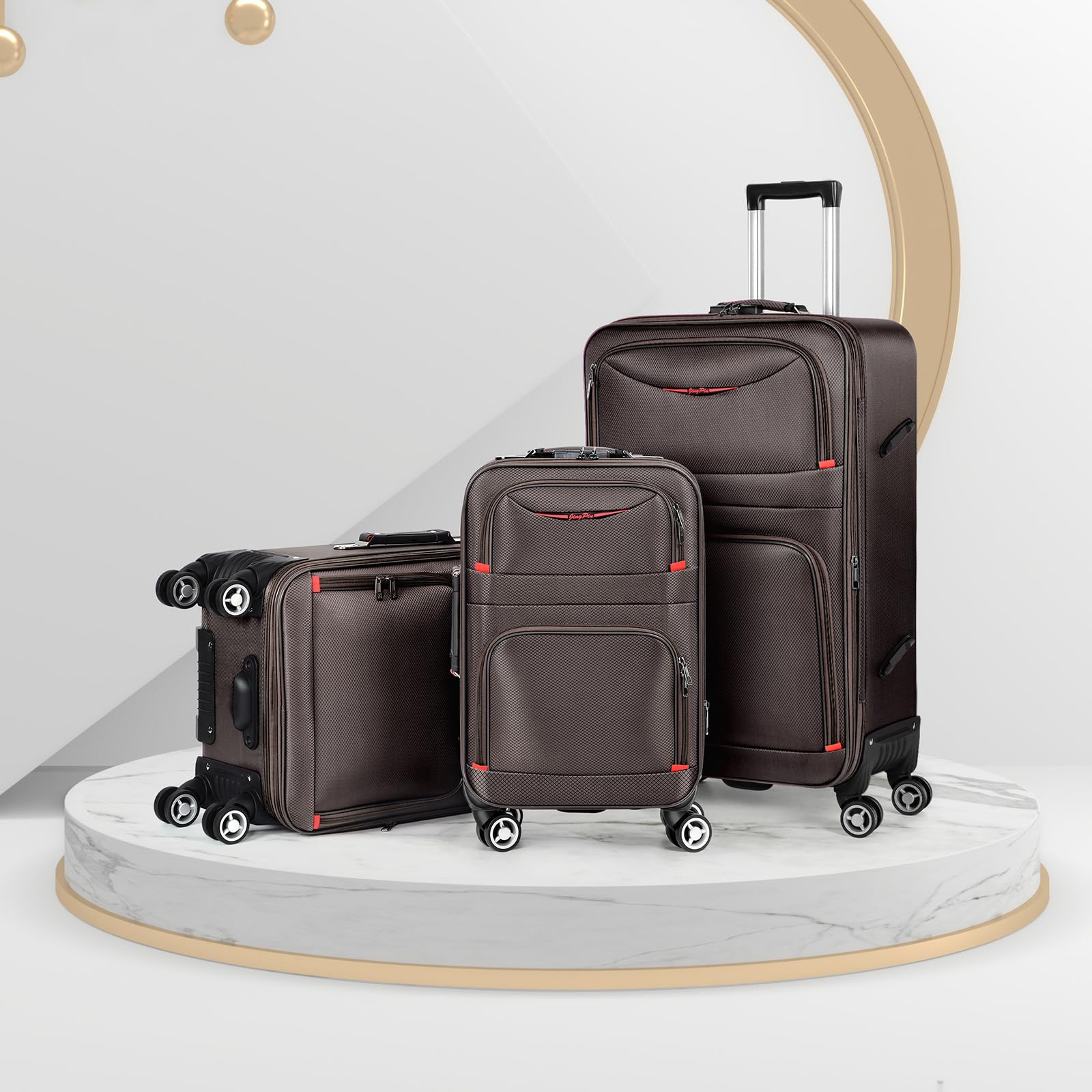 PINPON Luggage Sets 3 Piece, Softside Lightweight Expandable Luggage Sets with TSA Lock, Carry On Luggage with Spinner Wheels for Women Men, Travel Suitcase Lightweight (20/24 / 28, Brown)
