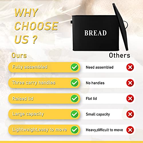 P&P CHEF Extra Large Black Bread Box with Lid, Metal Bread Storage Container for Farmhouse Kitchen Countertop, 13.1β X 11.81β X 7.2β Inches for Holding 2+ Loaves, Indoor & Outdoor Use